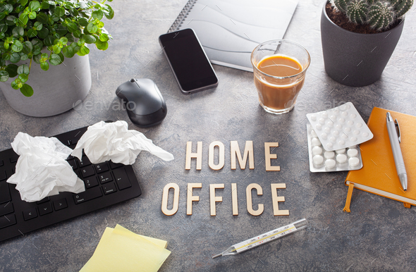 home office text desk with keyboard computer smartphone notebook ...