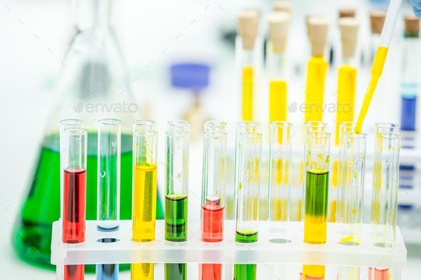 Close-up view of test tubes with reagents in chemical laboratory Stock ...