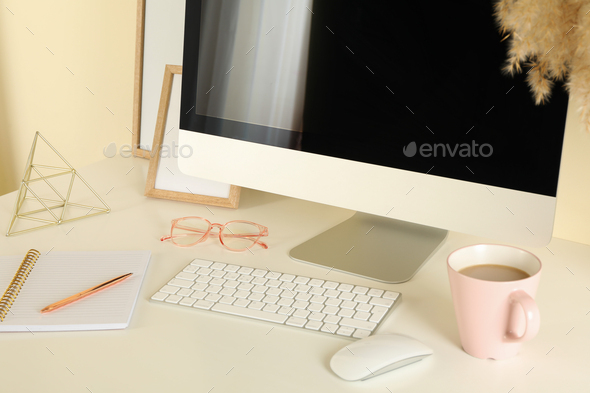 Concept of workplace with modern desktop computer on white table Stock ...