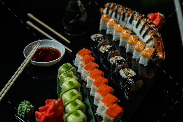 sushi set philadelphia california sake maki side view Stock Photo by ...