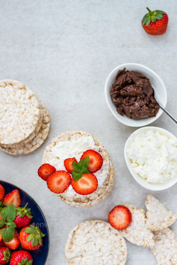 Healthy Snack from Rice Cakes with Hazelnut Spread, Ricotta Chee Stock ...