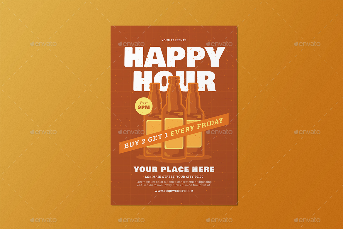 Retro Happy Hour Flyer, Print Templates | GraphicRiver