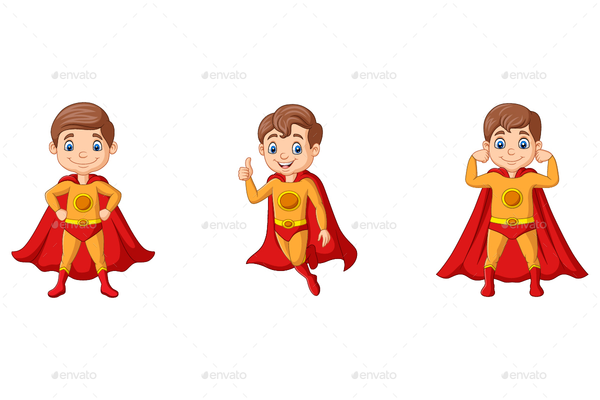 Set of Five Cute Cartoon Superhero Boy | Superboy Clipart, Vectors