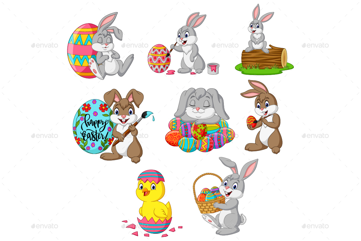 Set of Cartoon Easter Bunnies|Chicks hatching an Easter Egg by tigatelu