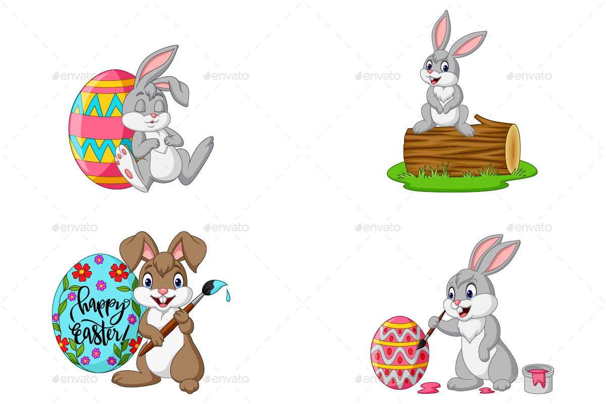 Set of Cartoon Easter Bunnies|Chicks hatching an Easter Egg by tigatelu