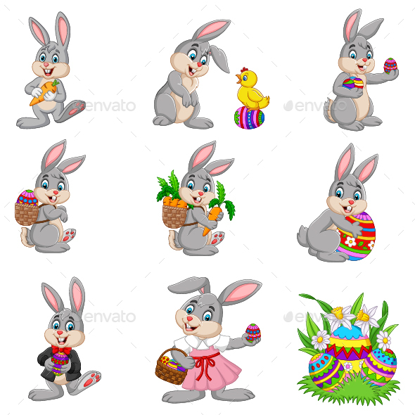 Set of Nine Easter Bunny | Easter Eggs Clip art, Vectors | GraphicRiver