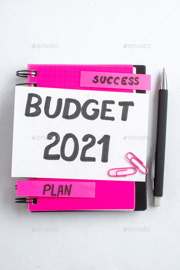 top view budget note with notepads on white background office business ...