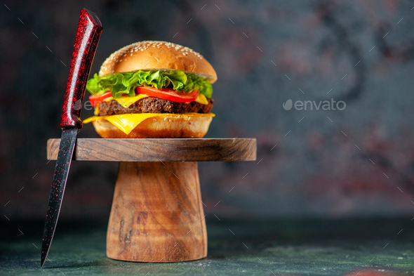 front view tasty meat hamburger on dark background colors fast-food ...