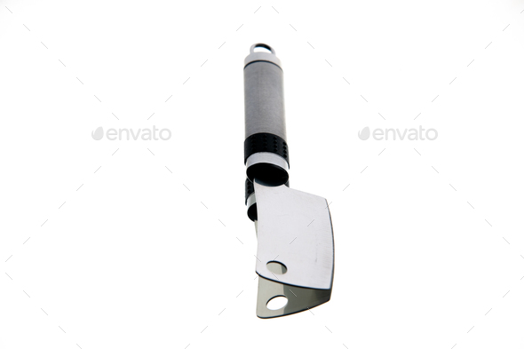 Side view of stainless meat cleaver on isolated white background with ...