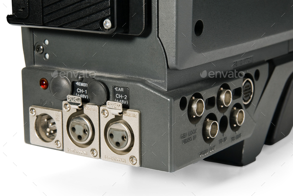 Professional digital video camera,back panel. Isolated on white ...