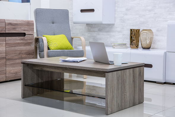 modern living room interior with laptop on table Stock Photo by ...