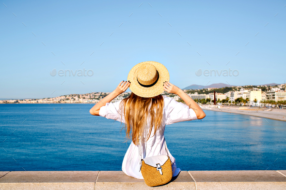 Elegant pretty blonde model posing at view point of Nice France Stock ...