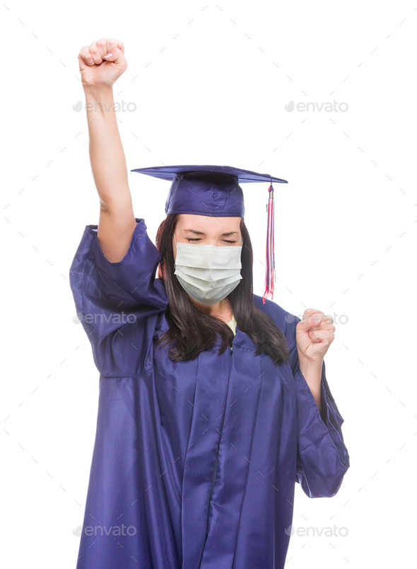 Graduating Female Wearing Medical Face Mask and Cap and Gown Cheering ...