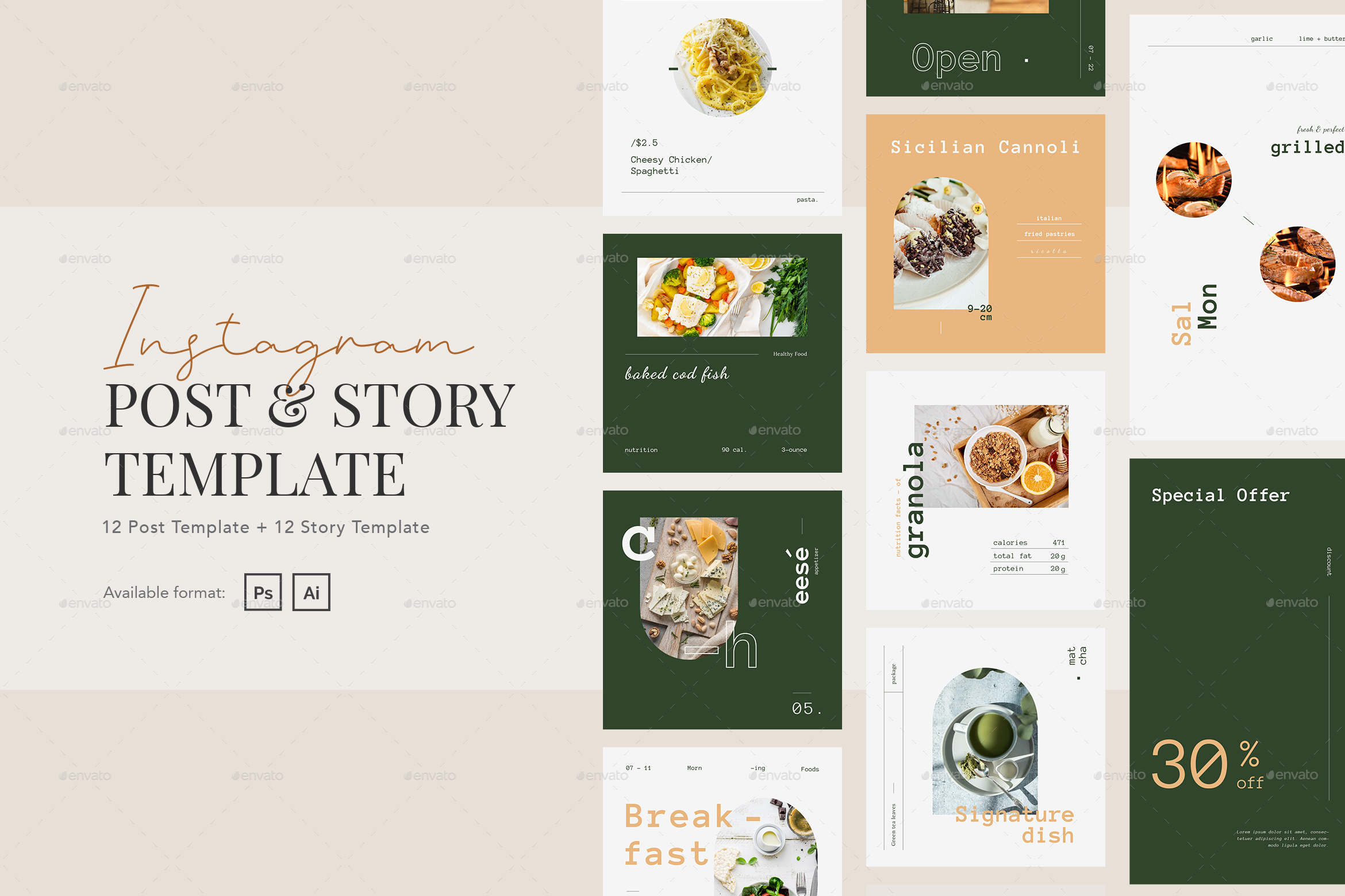 Elegant Restaurant Instagram Post and Story Template, Web Elements