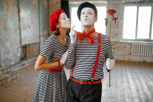 Mime artists with makeup, kissing scene, comedy Stock Photo by NomadSoul1