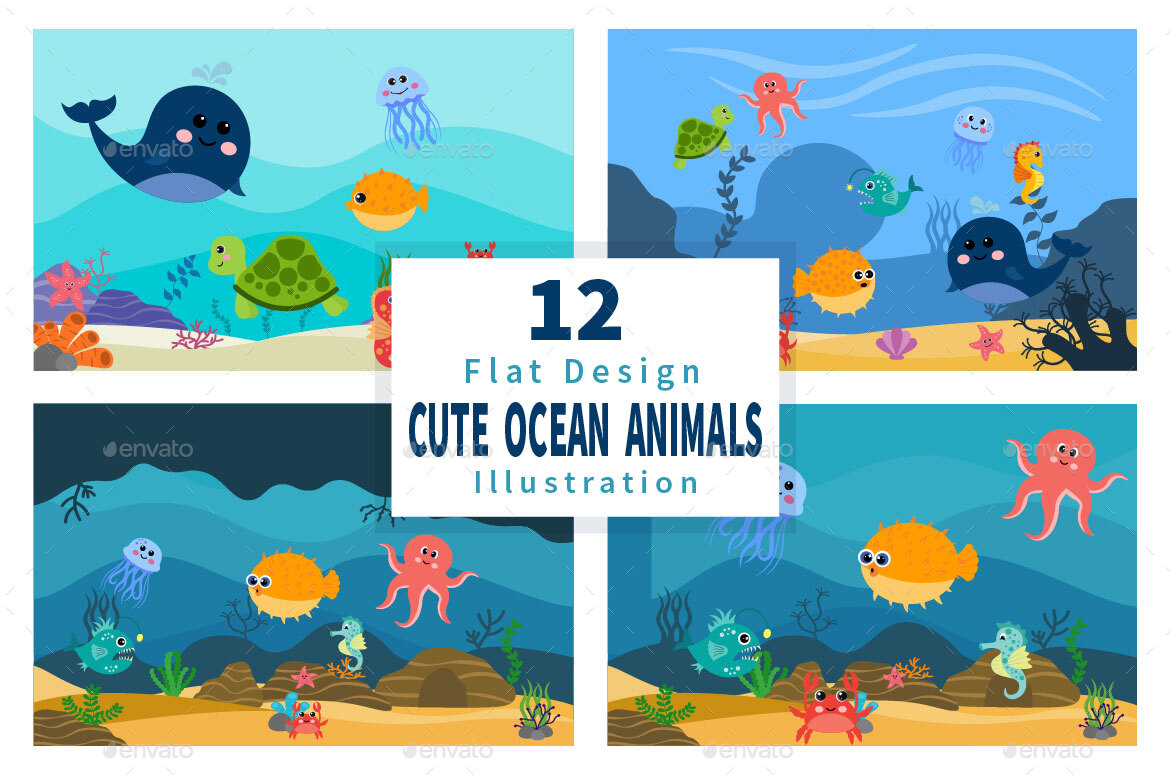 12 Ocean Animals Underwater Background Flat Design, Vectors | GraphicRiver