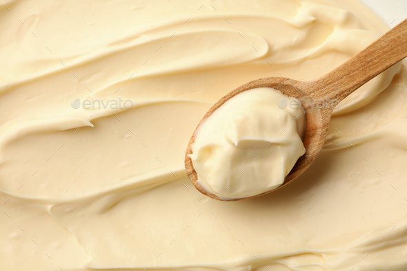 Mayonnaise sauce texture with wooden spoon, space for text Stock Photo ...