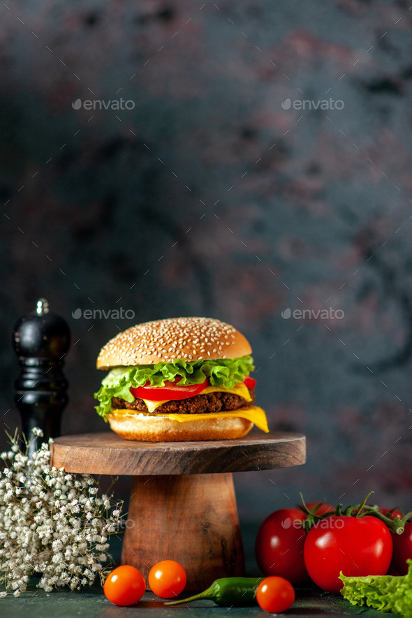 front view meat hamburger with tomatoes on dark background bun kfc ...