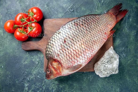 top view fresh raw fish on cutting board dark-blue background meat ...