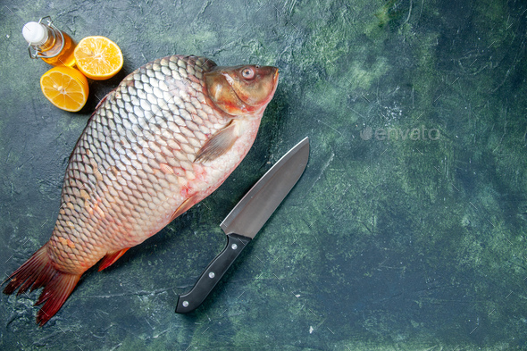 top view fresh raw fish on dark-blue background meat water ocean food ...