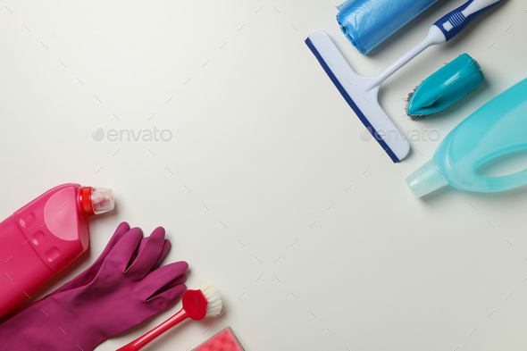 Different cleaning tools on white background, space for text Stock ...