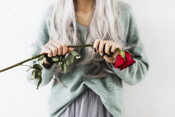 Sad woman with a single red rose Stock Photo by Rawpixel | PhotoDune