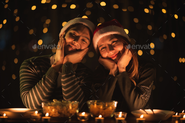 young couple celebrate at night party, romance date and love concept ...