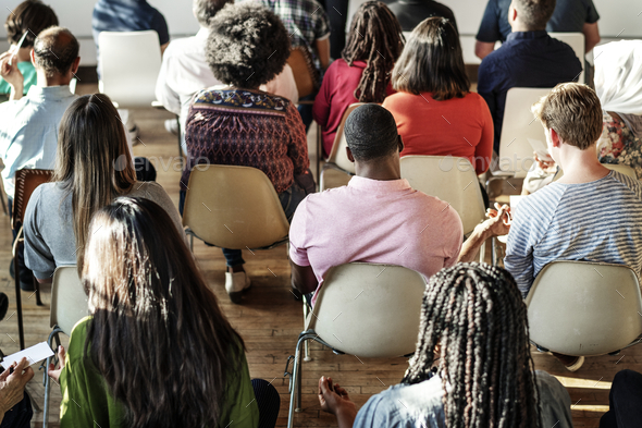 Cheerful people sitting in seminar Stock Photo by Rawpixel | PhotoDune