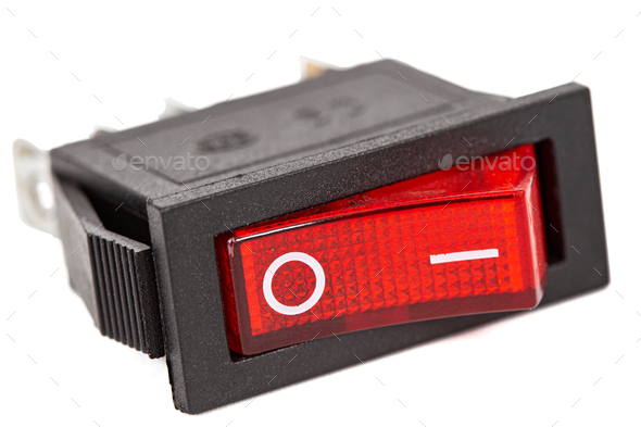Red power switch at OF position, isolated on white background Stock ...