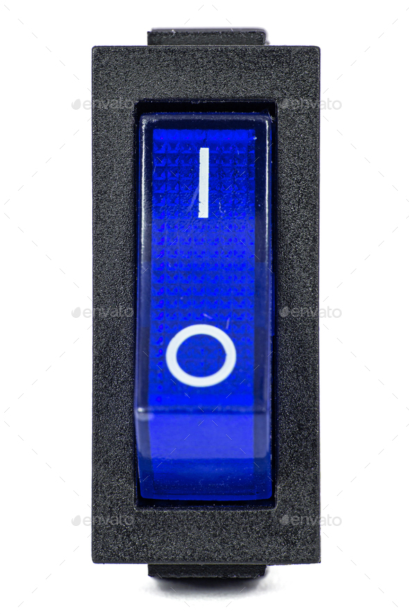 Blue power switch at ON position, isolated on white background Stock ...