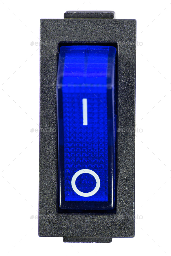 Blue power switch at OF position, isolated on white background no ...