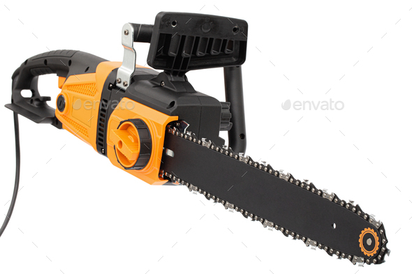 Orange electric chain saw, isolated on white background Stock Photo by ...