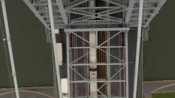 AERIAL: Close Up Overhead Top Down Birds View Flight Over Bridge with ...