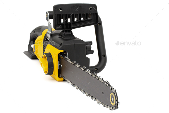 Yellow electric chain saw, isolated on white background Stock Photo by ...