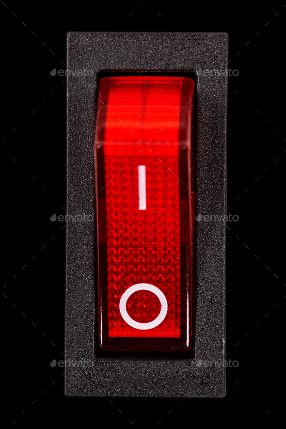 Red power switch at OF position, isolated on black background Stock ...