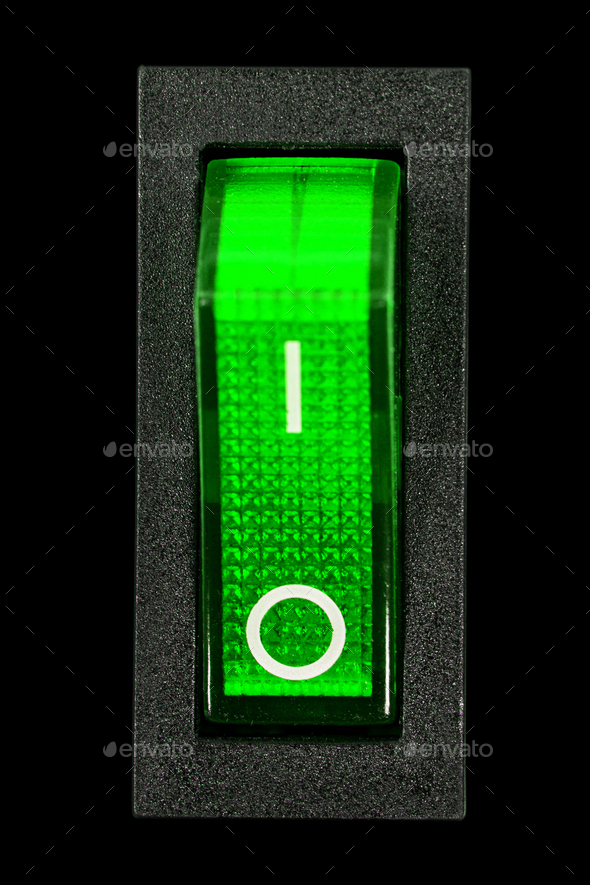 Green power switch at OF position, isolated on black background Stock ...