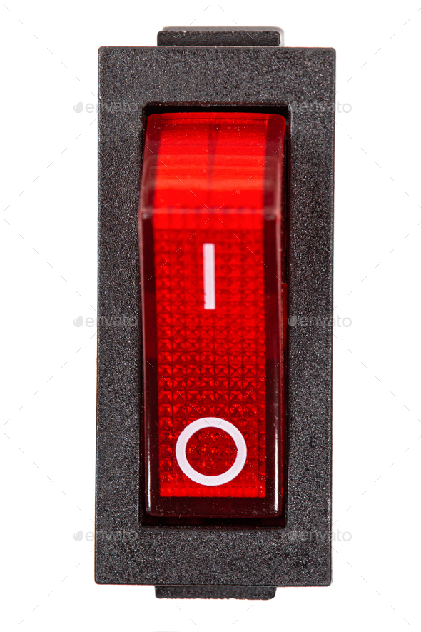 Red power switch at OF position, isolated on white background no ...