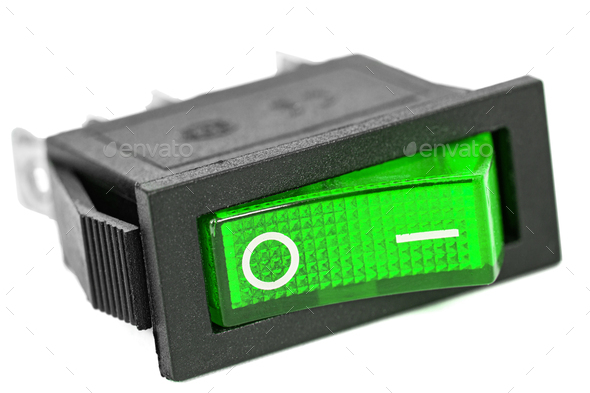 Green power switch at OF position, isolated on white background Stock ...