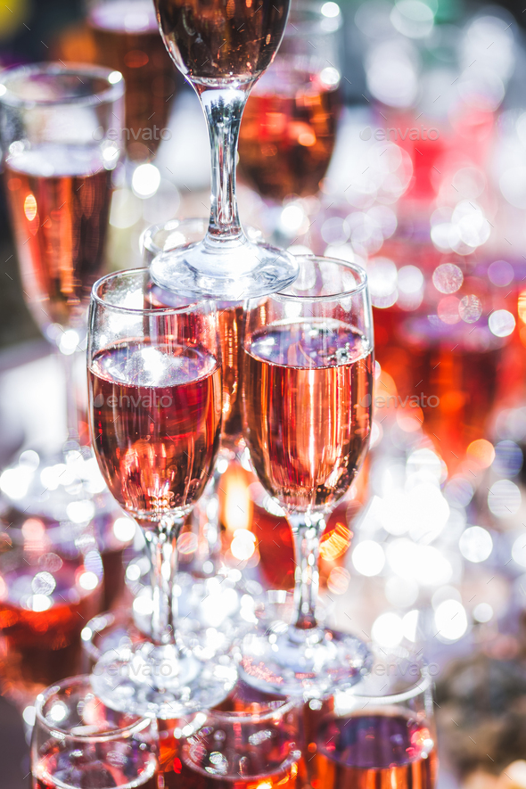 Stack of glasses of champagne at the reception in the open air Stock ...