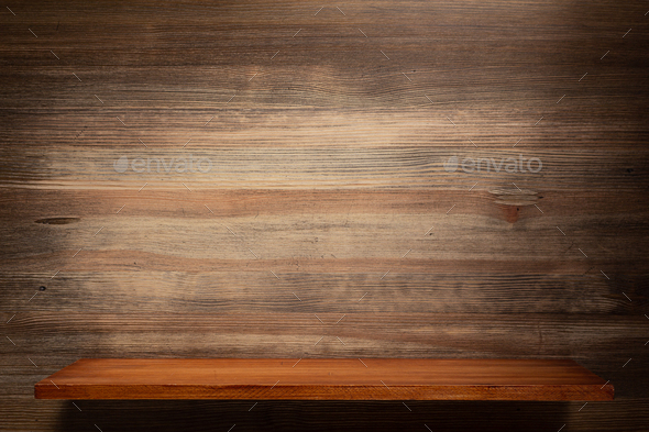 Wooden shelf and wood background of wall texture. Brown book shelf at ...