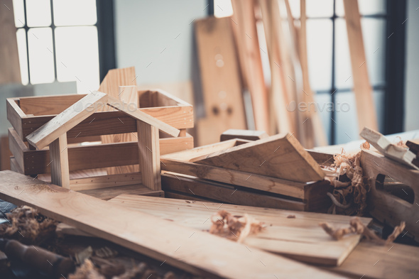 Background image of woodworking workshop, carpenters work table with ...