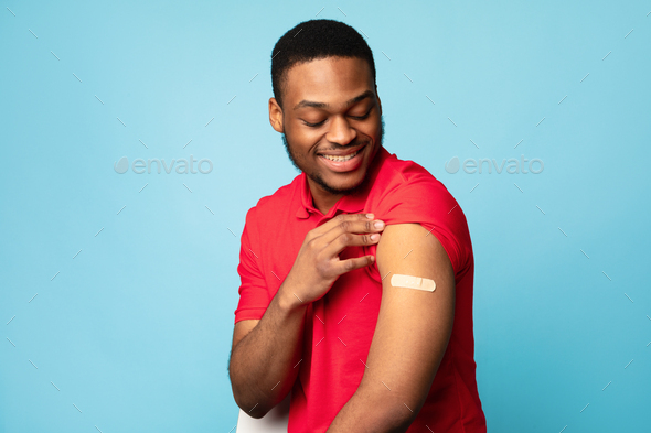 Covid-19 Vaccinated African Guy Showing Arm After Injection, Blue ...
