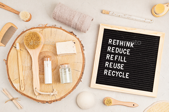 Rethink, reduce, refill, reuse, recycle. Black letter box with eco ...