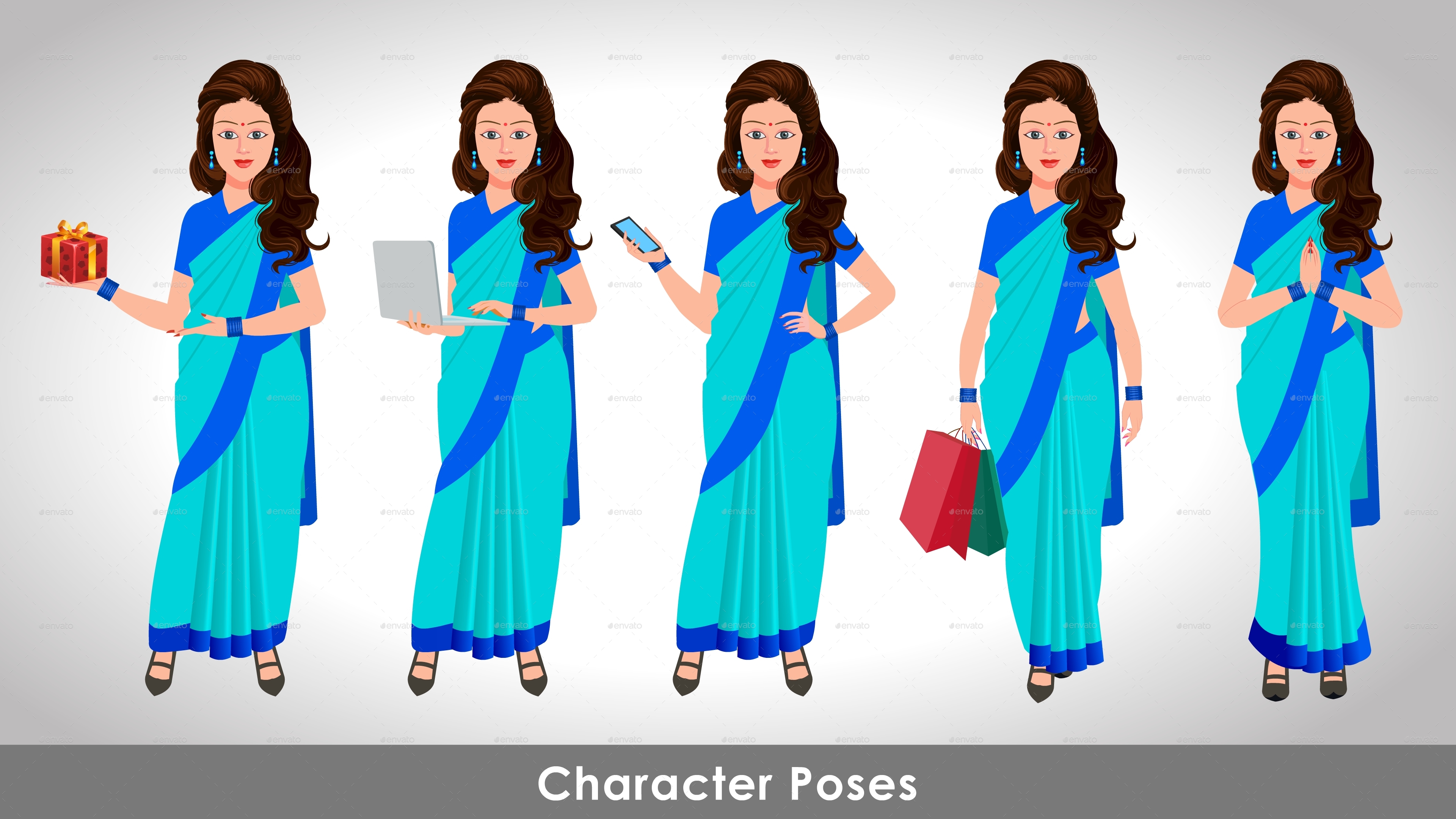 Indian Girl in Blue Saree Character Design Model Sheet, Vectors ...