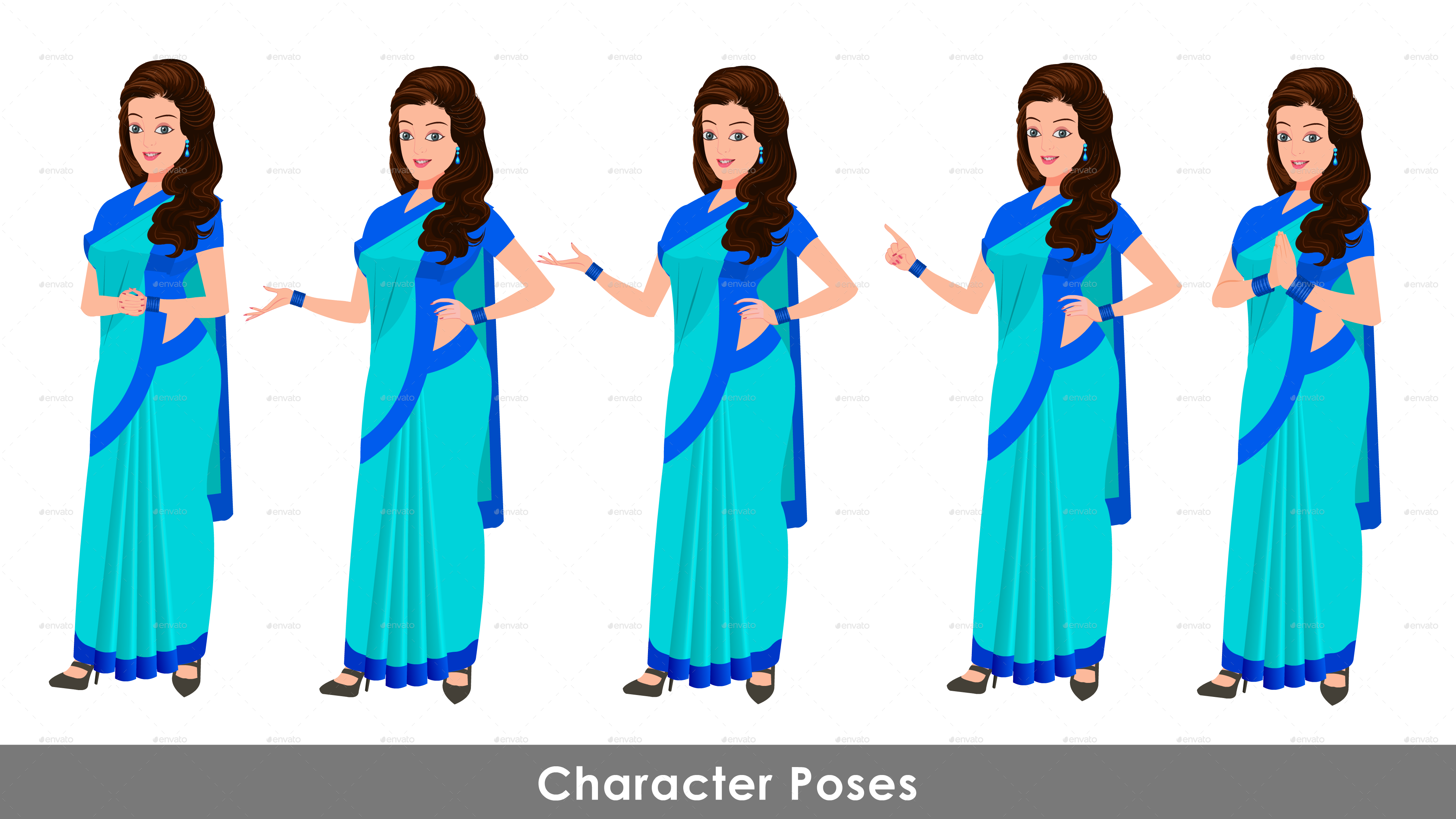 Indian Girl in Blue Saree Character Design Model Sheet, Vectors ...
