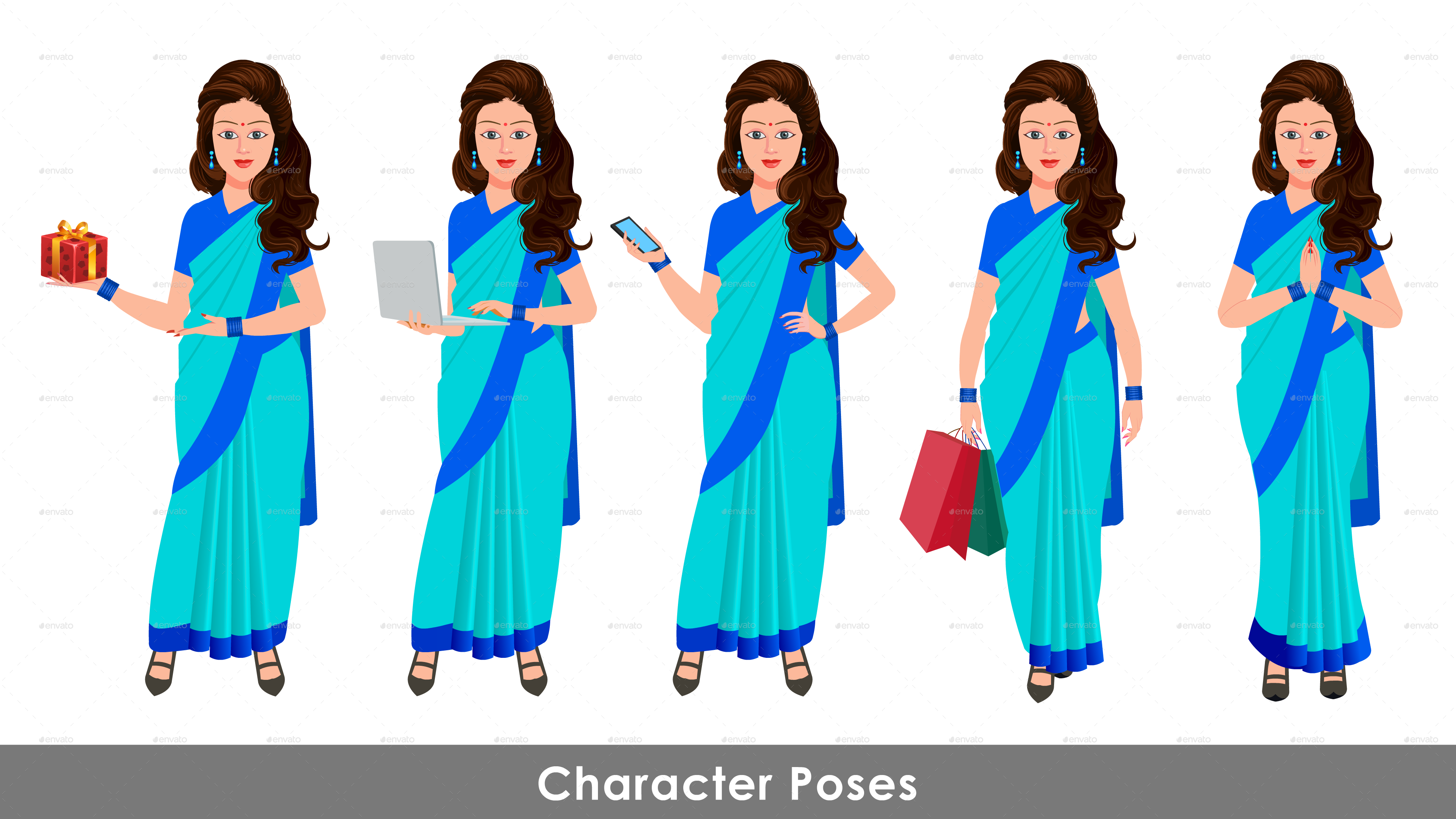 Indian Girl in Blue Saree Character Design Model Sheet, Vectors ...