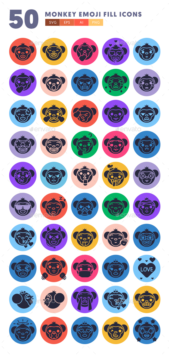 50 Monkey Emoji Fill Icons, Icons | GraphicRiver