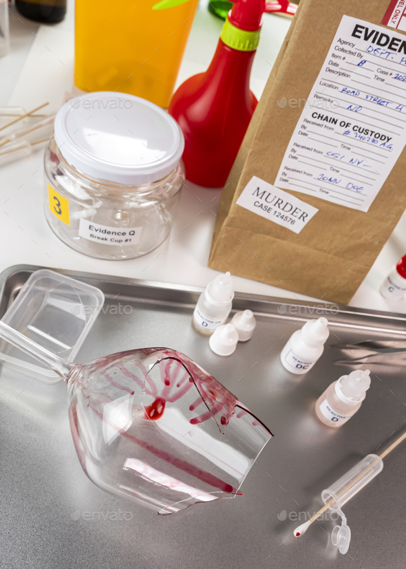 Blood-stained glass sample in an evidence cup, concept image Stock ...