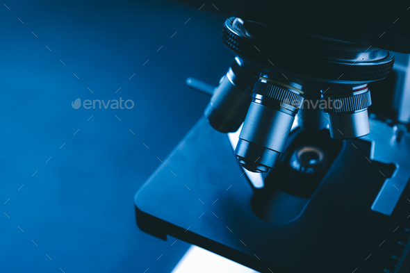Laboratory equipment optical microscope, closeup of scientific ...