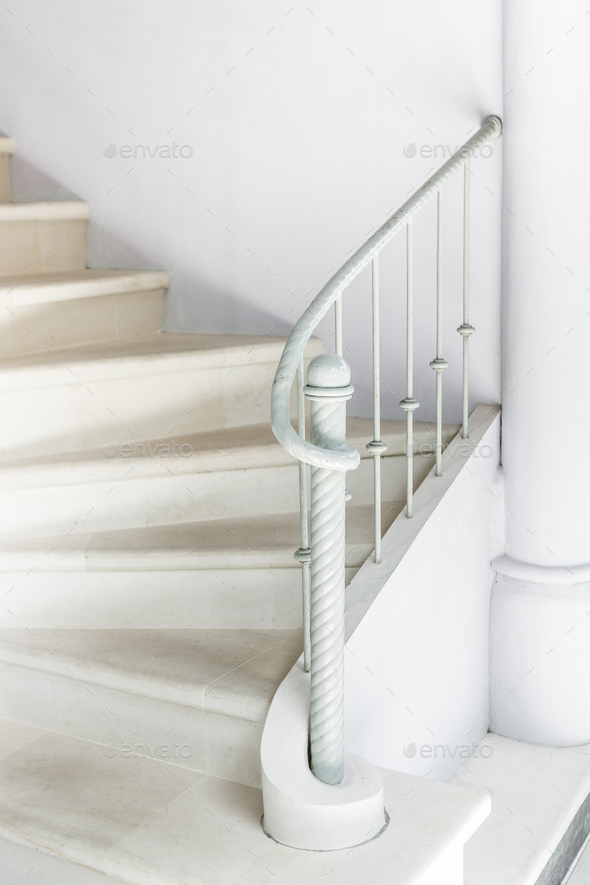 White stairs with vintage white railing. Bright and minimalistic ...